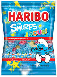 Haribo Smurfs Sour Gummy Candy 4 Ounce 12 Count Peg Bag - Mad Al Candy