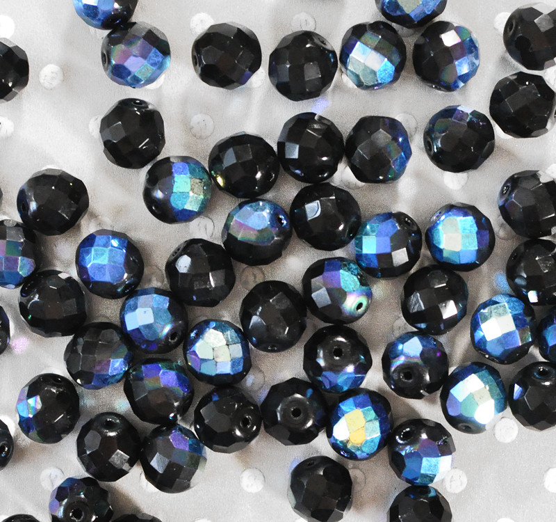 12mm Jet AB faceted round Czech glass beads
