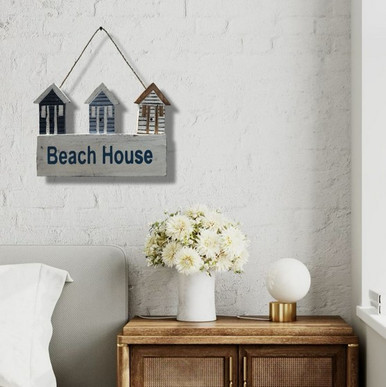 Three Hut Beach House Wood Sign Board 30 x 22cm