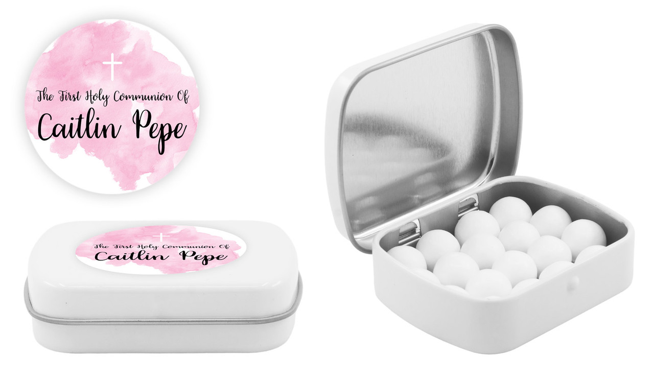 A Splash Of Watercolour Pink Communion Personalised Mint Tins