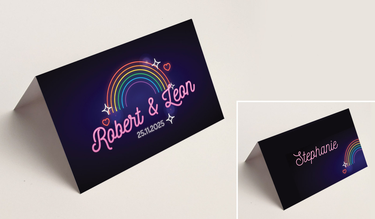 Neon Rainbow Wedding Place Cards With Guest Names