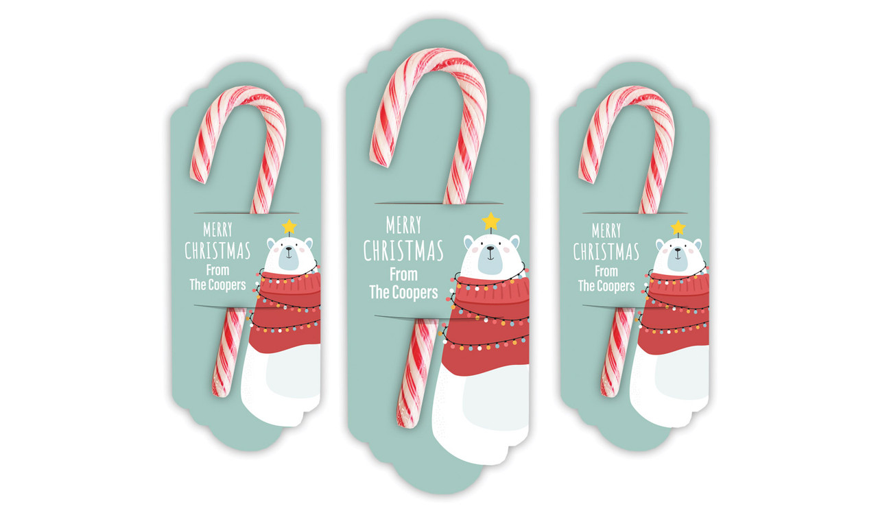 Polar Bear Christmas Personalised Candy Cane Card