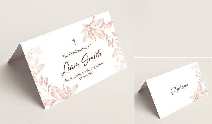 Natural Leaves Confirmation Place Cards With Guest Names