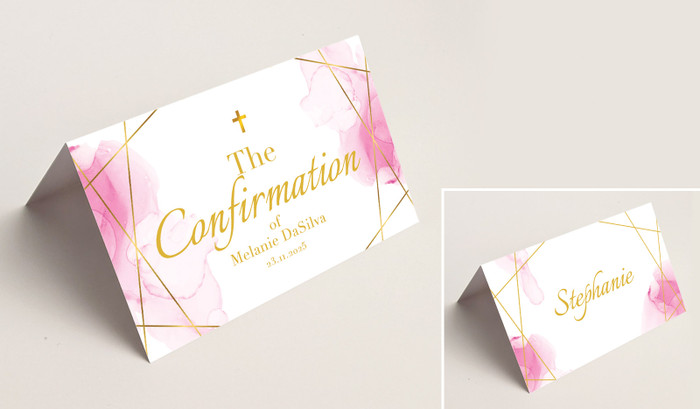 Pink Watercolour with Gold Confirmation Place Cards With Guest Names