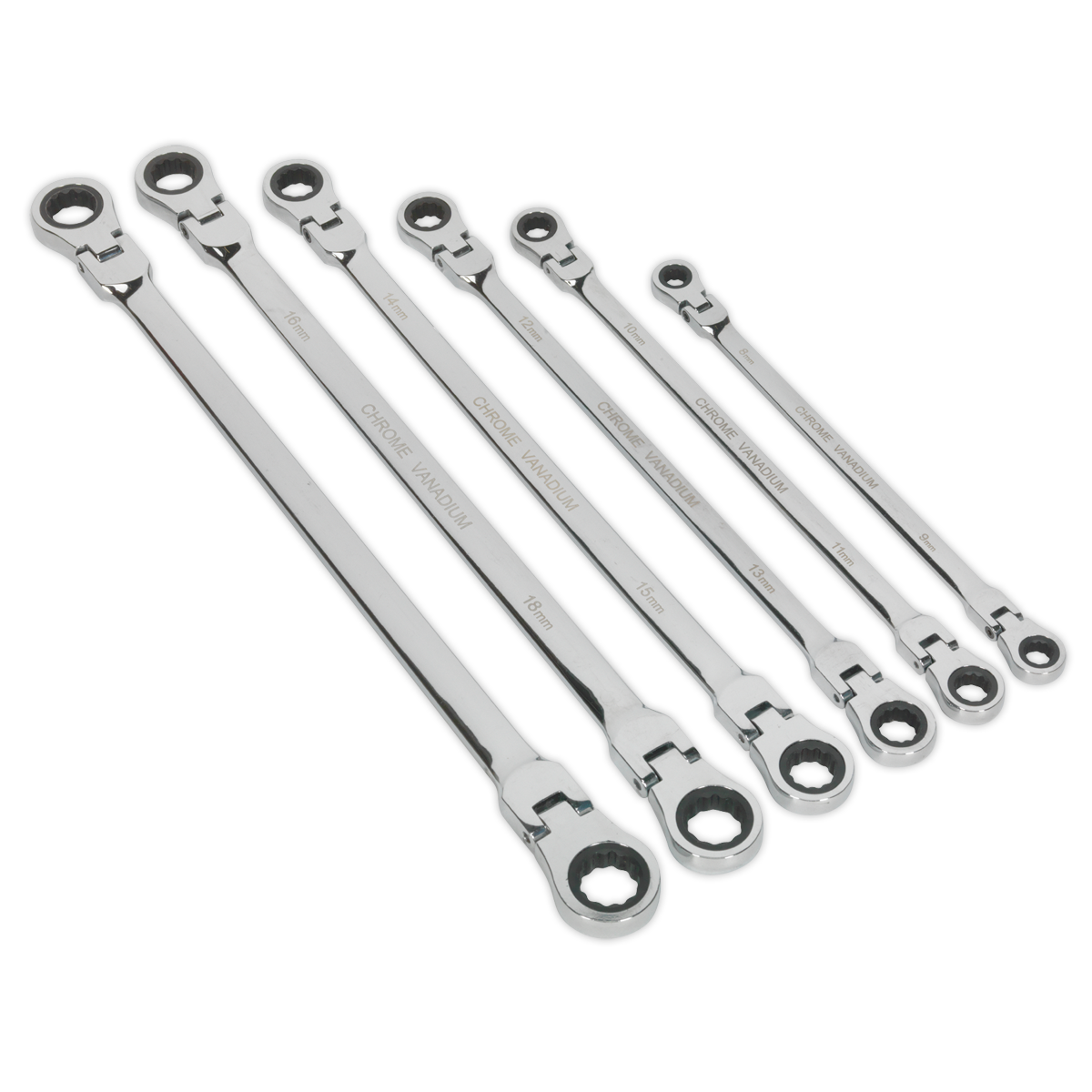 Flexi-Head Double End Ratchet Ring Spanner Set 6pc Extra-Long Metric ...
