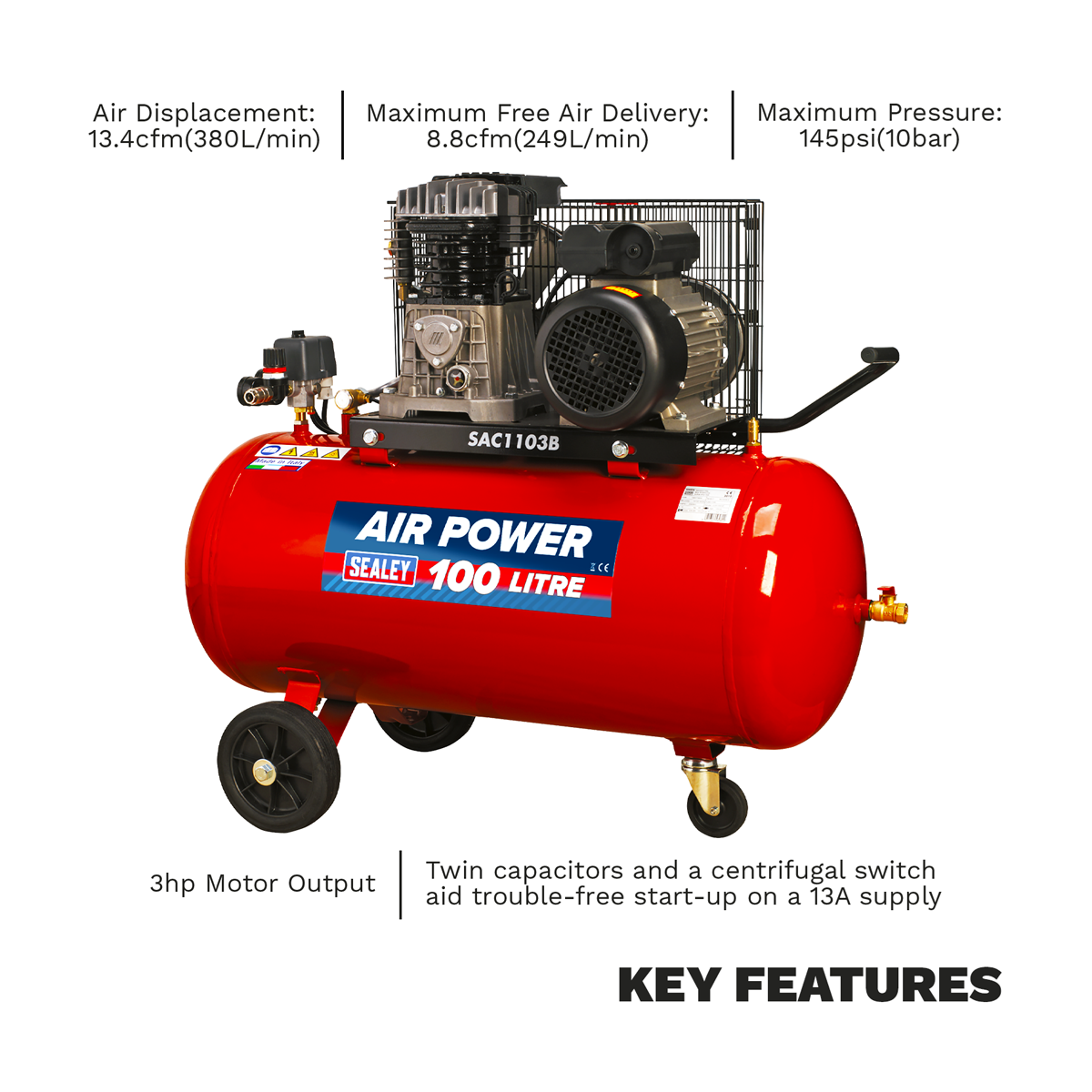 Air Compressor 100L Belt Drive 3hp with Cast Cylinders & Wheels (SAC1103B)