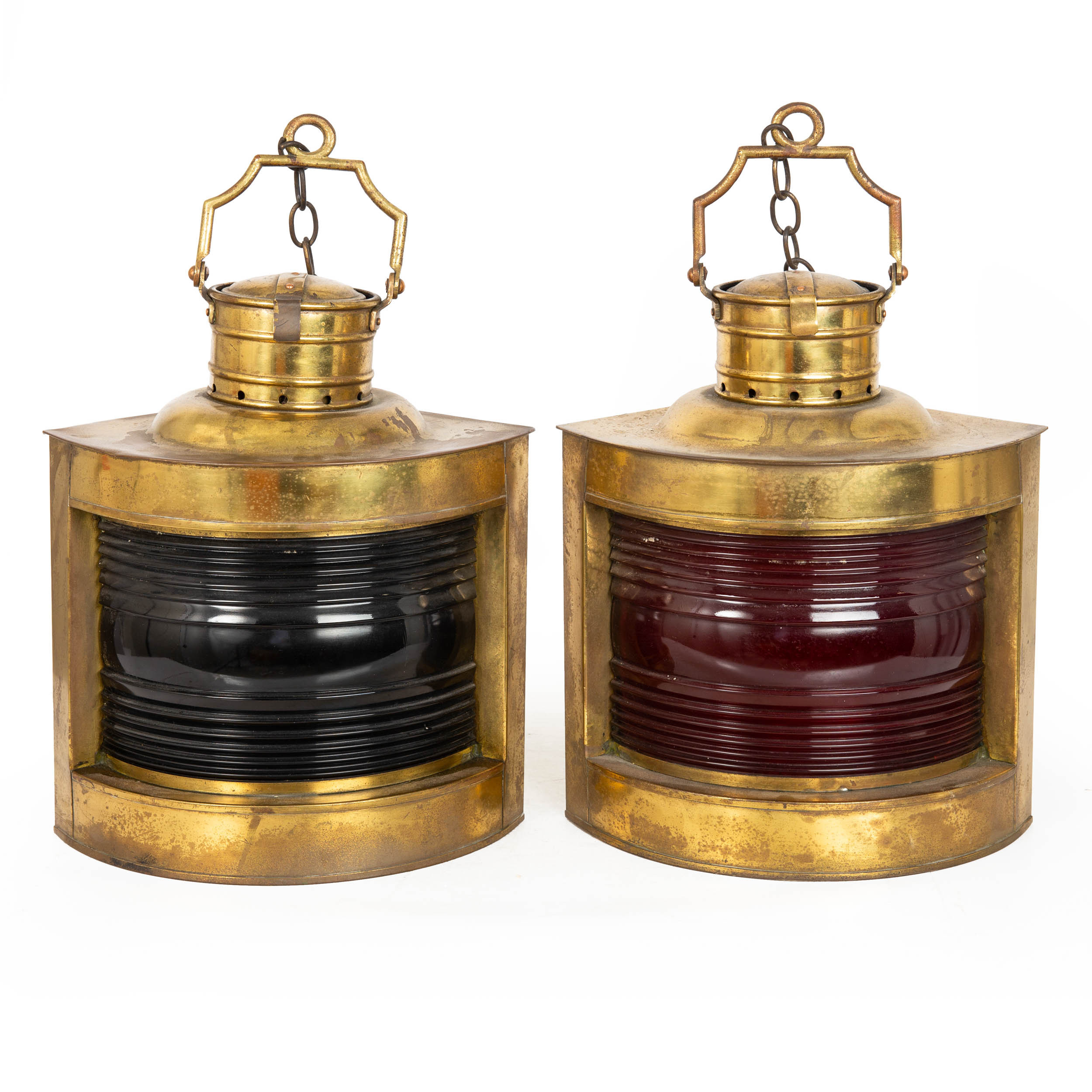Pair of English Brass Ship's Lanterns w/ Red & Green Glass