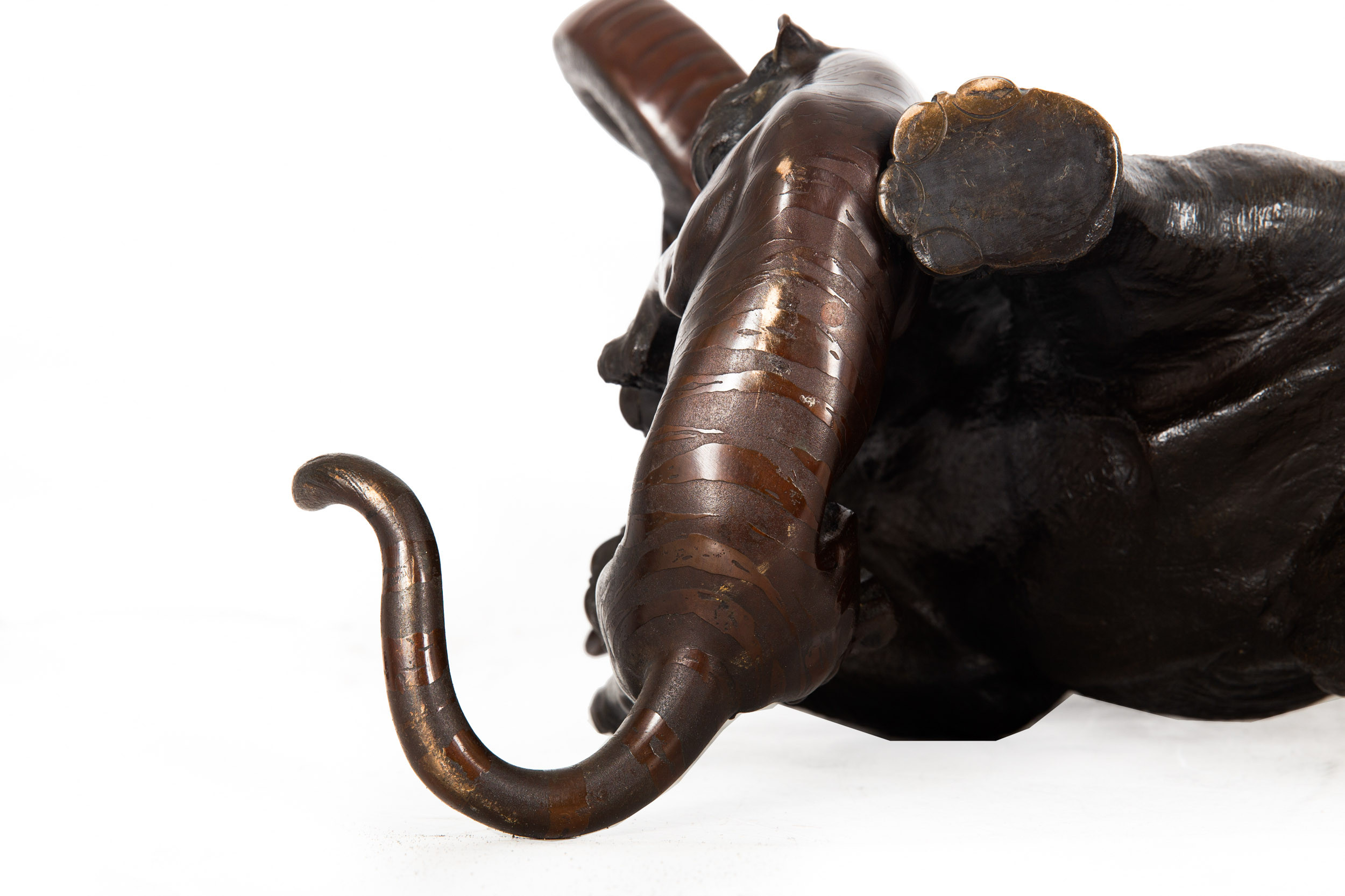 Exceedingly Fine Bronze Okimono of Elephant Attacked by Tigers