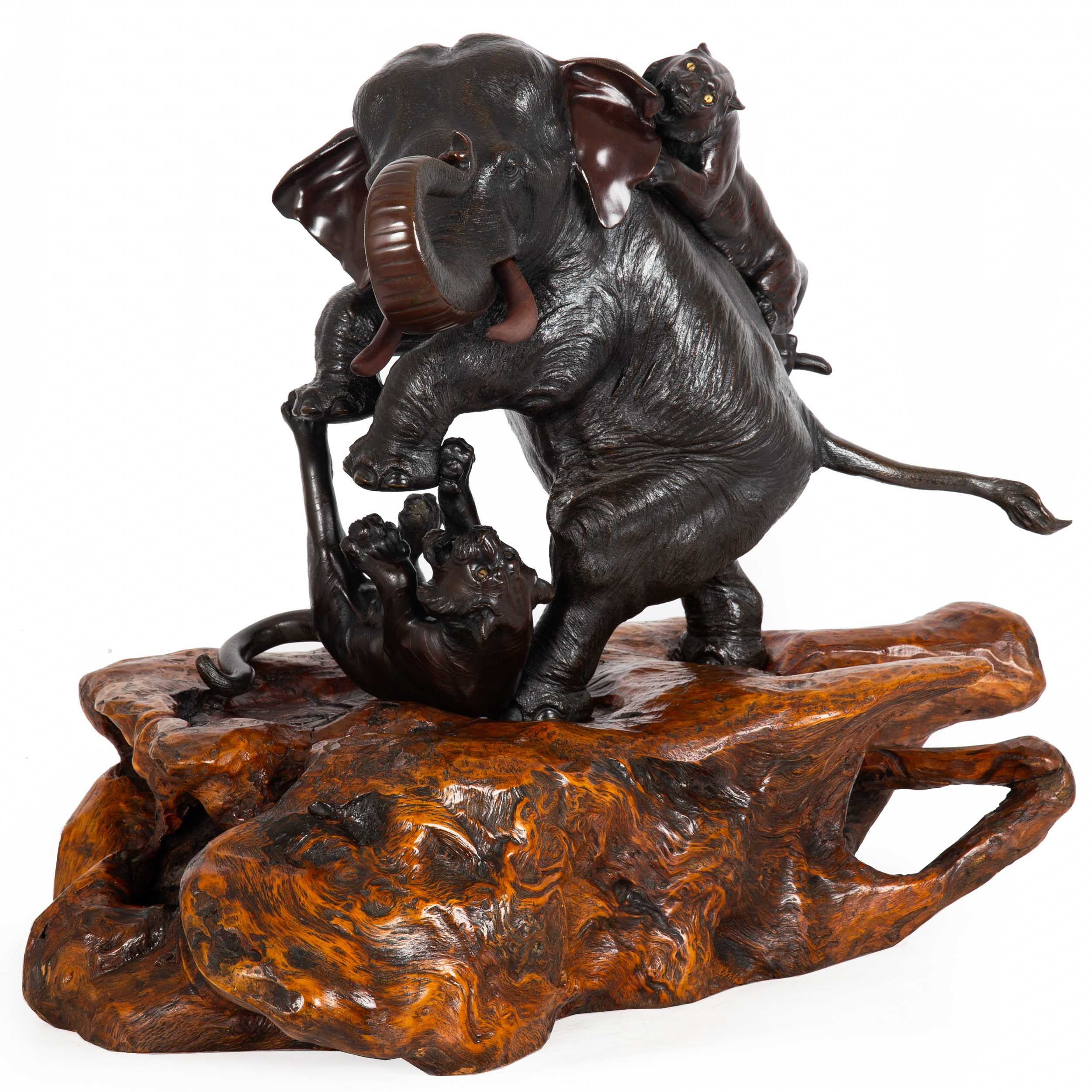 Exceedingly Fine Bronze Okimono of Elephant Attacked by Tigers