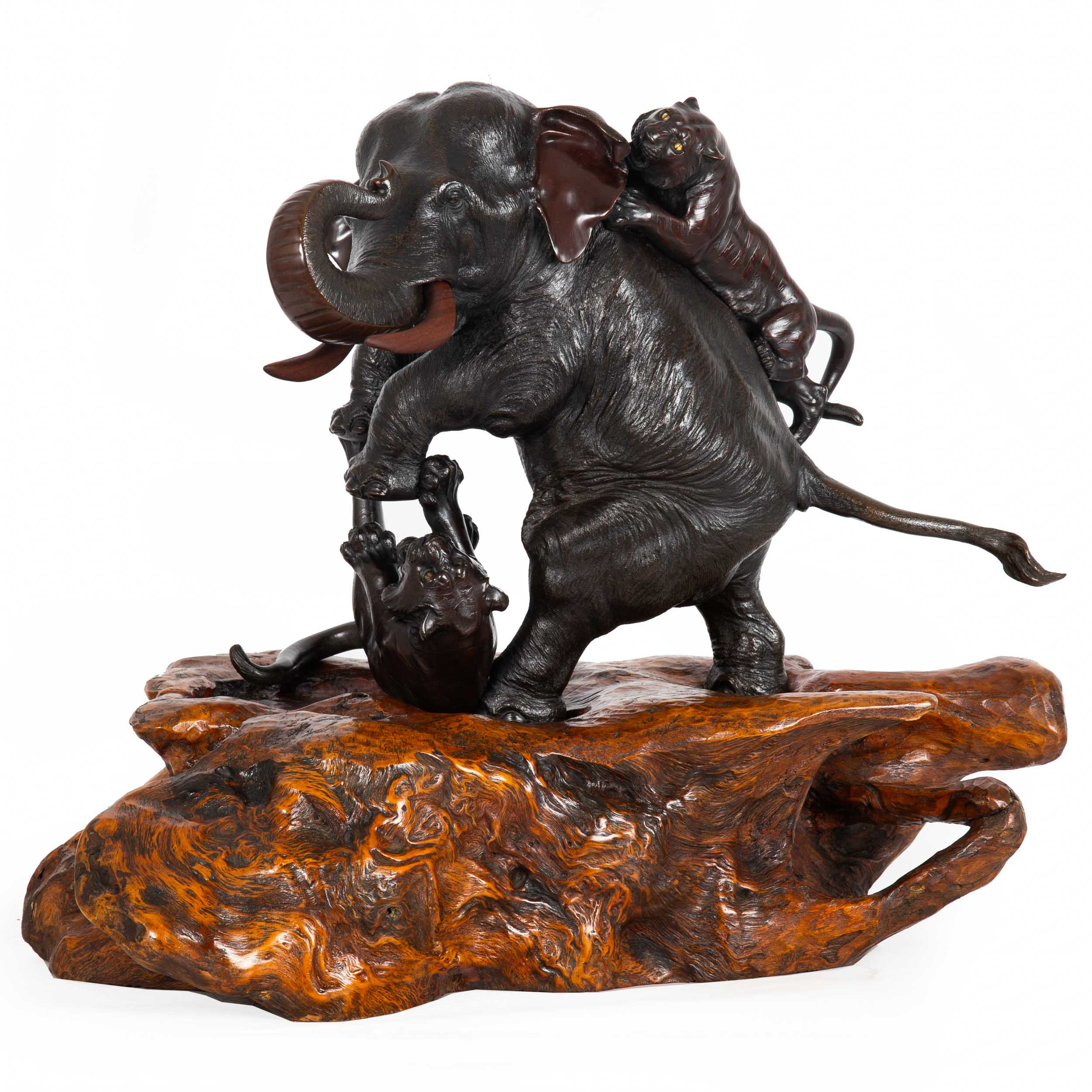 Exceedingly Fine Bronze Okimono of Elephant Attacked by Tigers