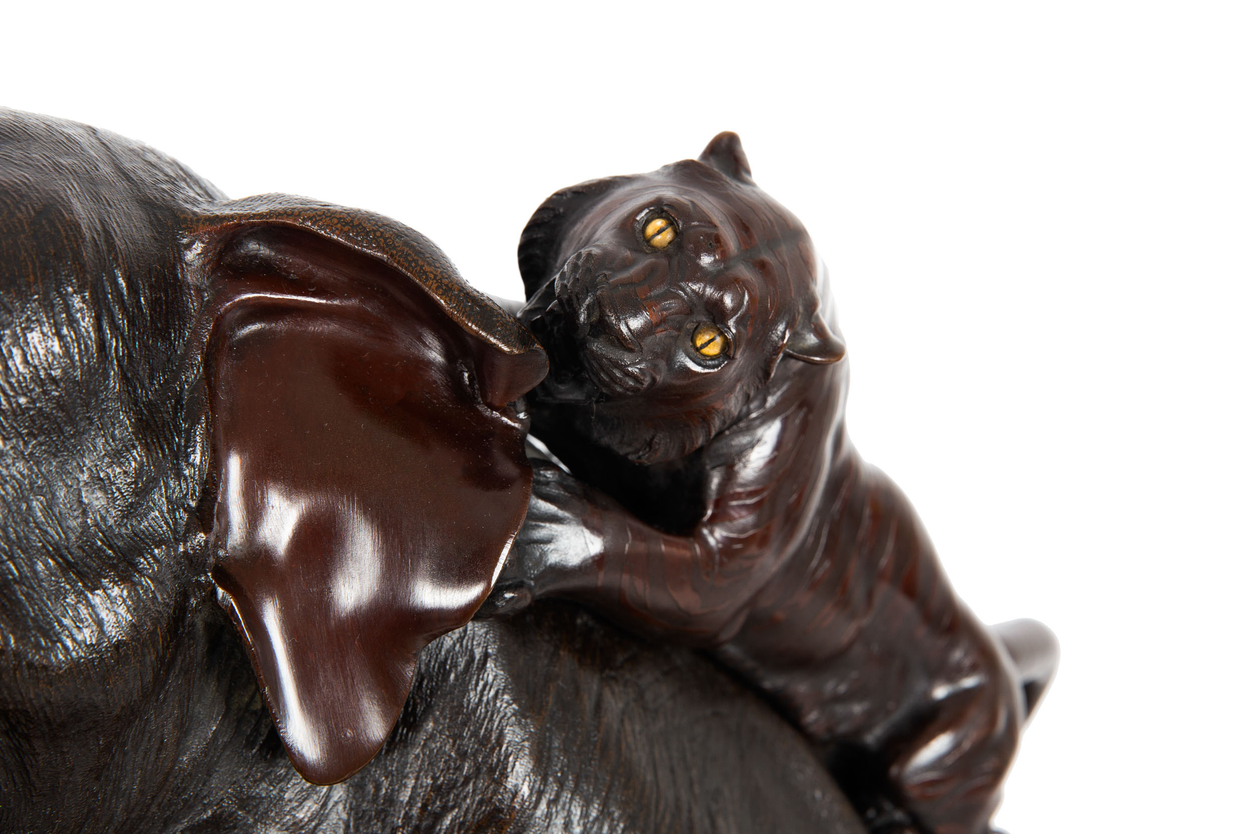 Exceedingly Fine Bronze Okimono of Elephant Attacked by Tigers