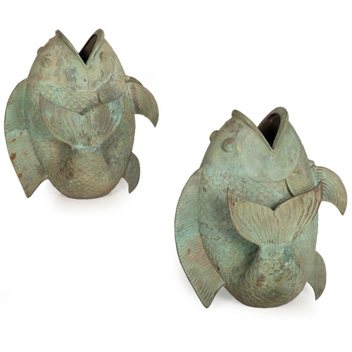Pair of Verdigris Bronze Koi Fish Vases | Circa 1950s