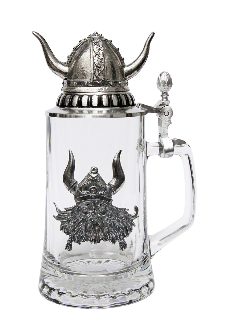 Custom Engraved Viking Glass Beer Stein with Viking Helmet Lid