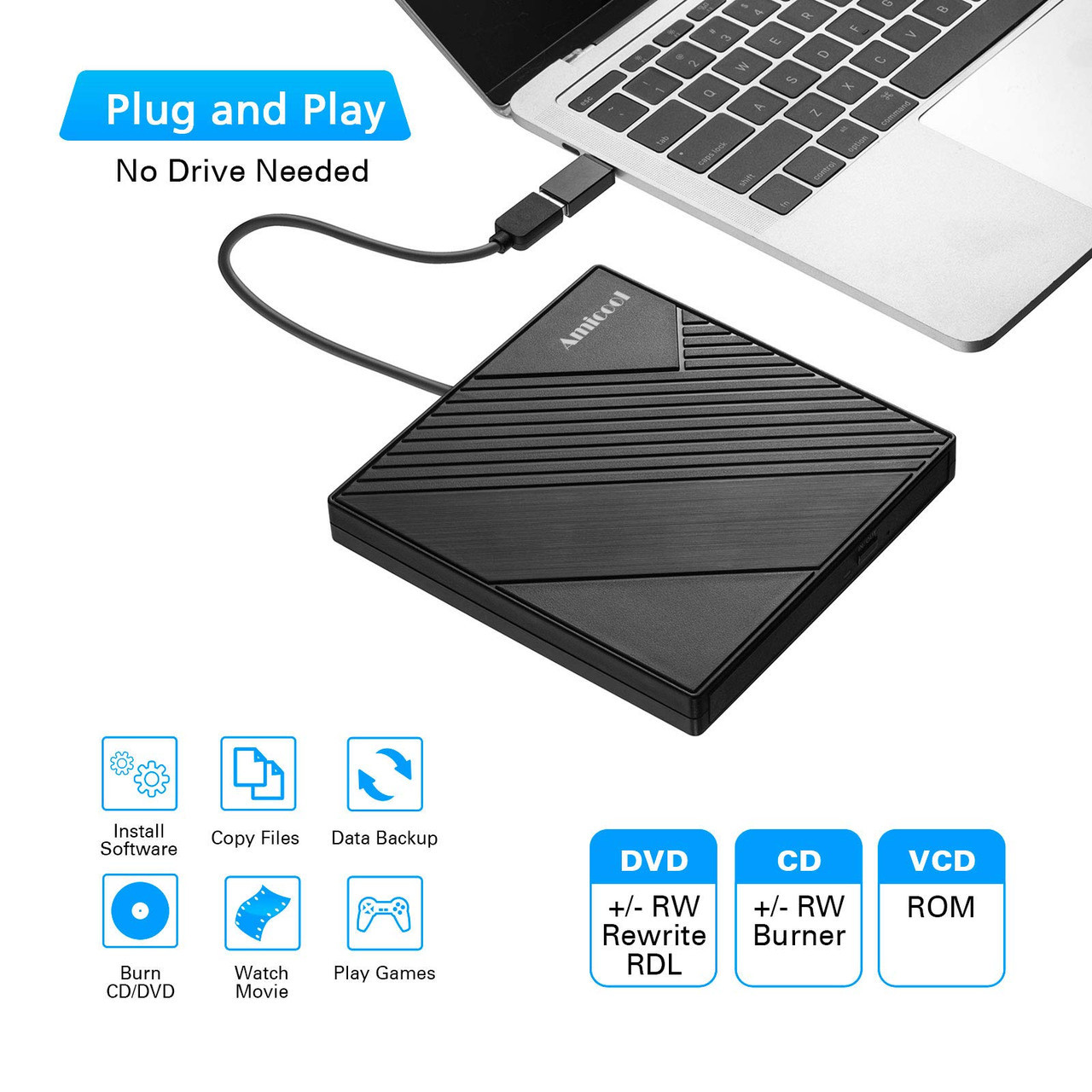 External DVD Drive USB 3.0 USB C CD Burner Amicool CD/DVD +/-RW Optical ...