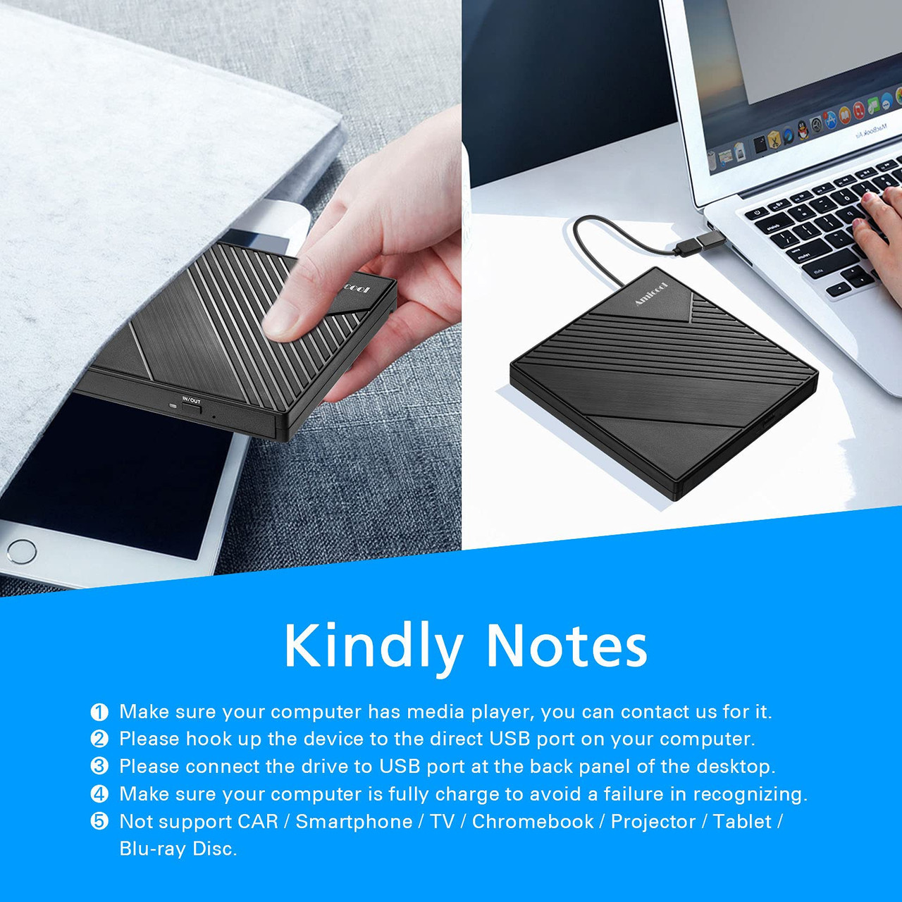 External DVD Drive USB 3.0 USB C CD Burner Amicool CD/DVD +/-RW Optical ...