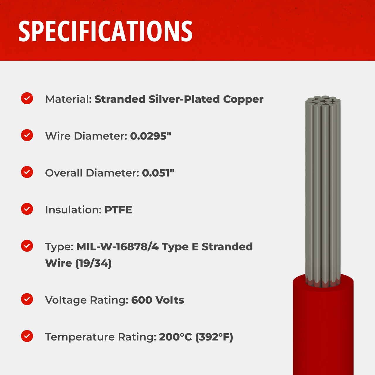 22 AWG PTFE Wire | Teflon Wire | 600V, Stranded