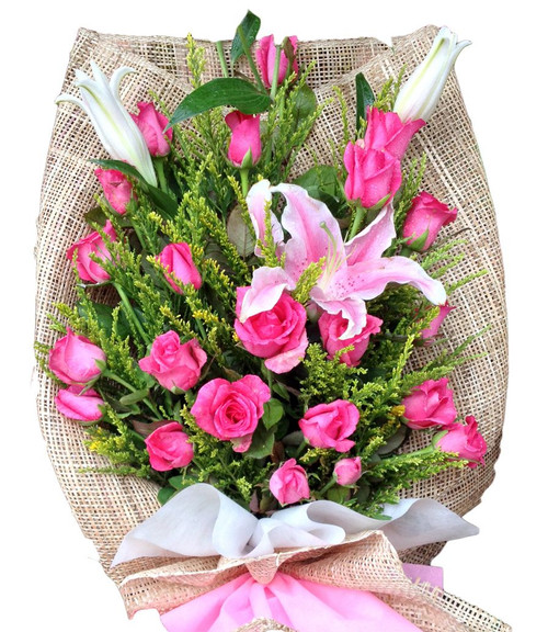 24 pink Roses & Stargazer bouquet