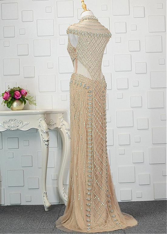 Beadings Gold Sparkle Tulle High Collar Sheath/Column Prom Dress