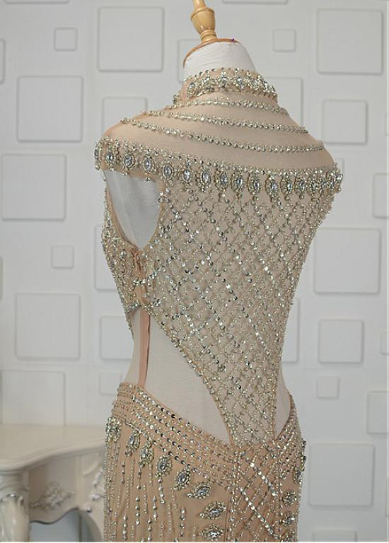Beadings Gold Sparkle Tulle High Collar Sheath/Column Prom Dress