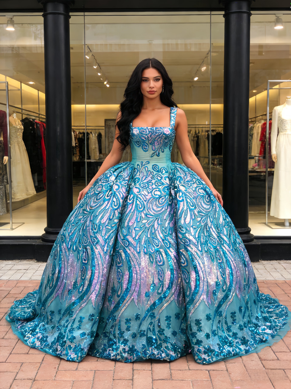 Ball Gown Square Sequin Print Green Prom Dress - Annakoo