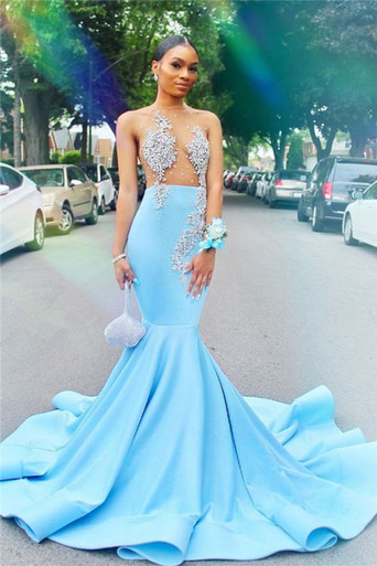 Shop Cheap 2020 Mermaid Sheer Tulle See Through Crystals Sky Blue Sexy ...