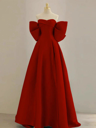 Shop 2024 ANNAKOO Daring Red Off-Shoulder Satin Prom Dress with Bow ...