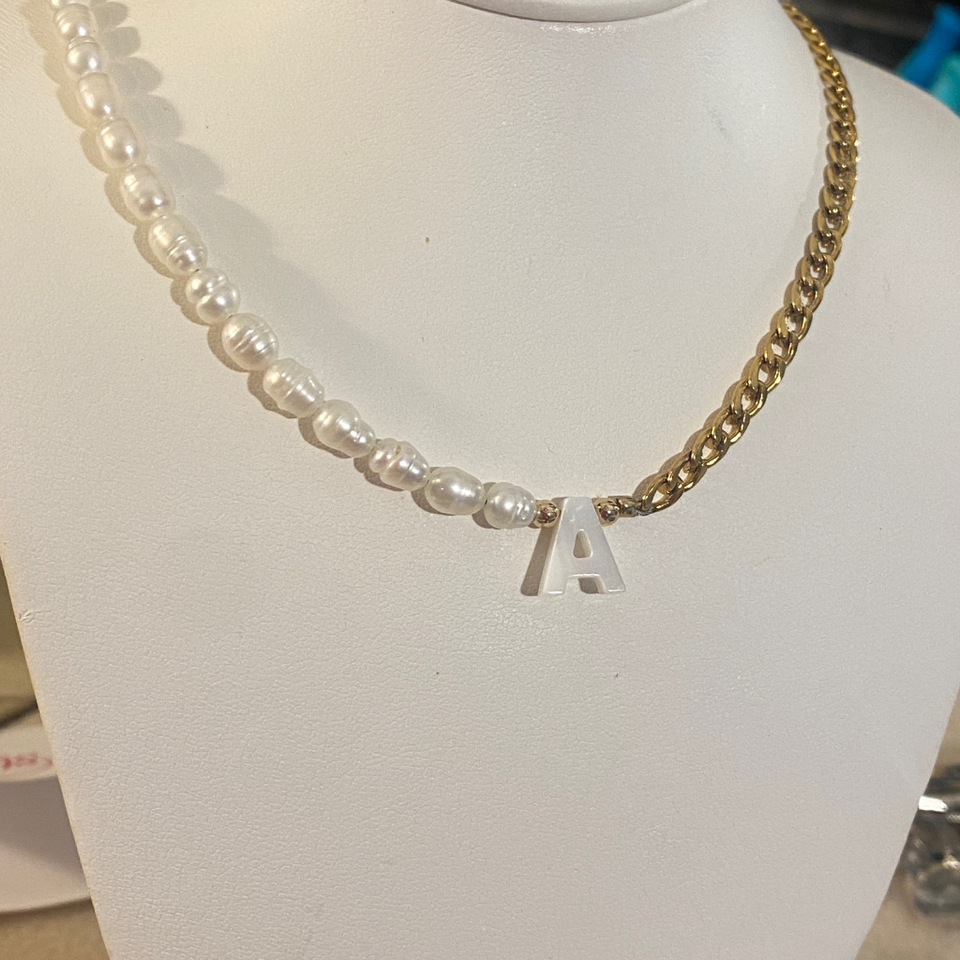 Pearl and Chain Initial Necklace a Handmade Stacked By Suzie exclusive