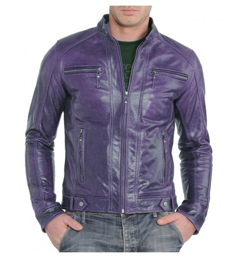 Men's Biker Style Motorbike Purple Genuine Leather Jacket BK002 ...