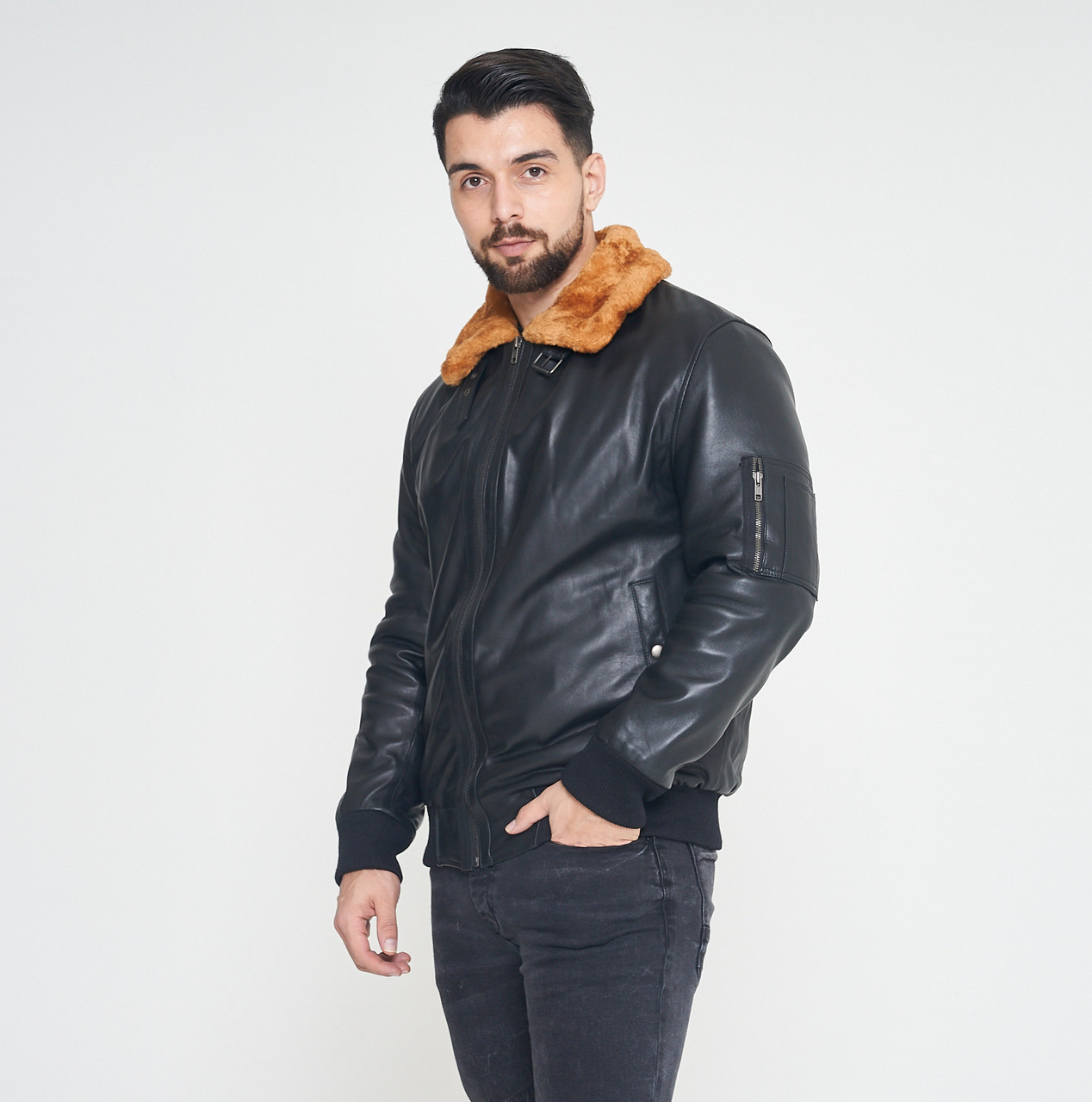 Wayfare Leather Aviator Bomber Jacket with Brown Fur | Feather Skin