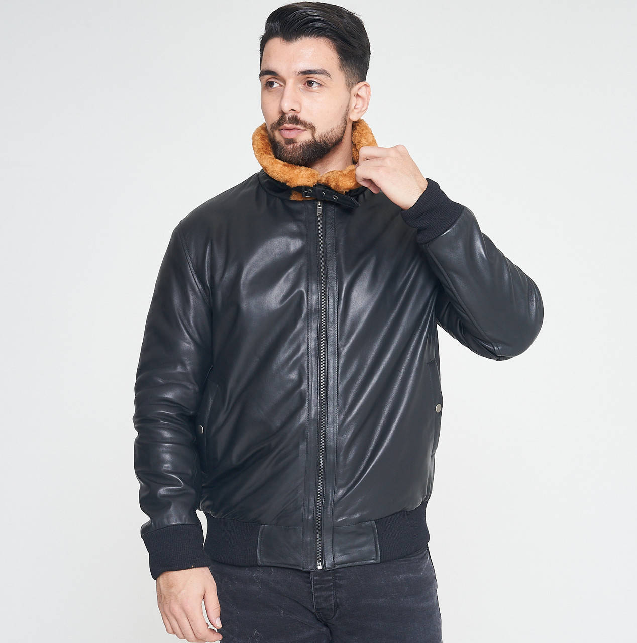 Wayfare Leather Aviator Bomber Jacket with Brown Fur | Feather Skin