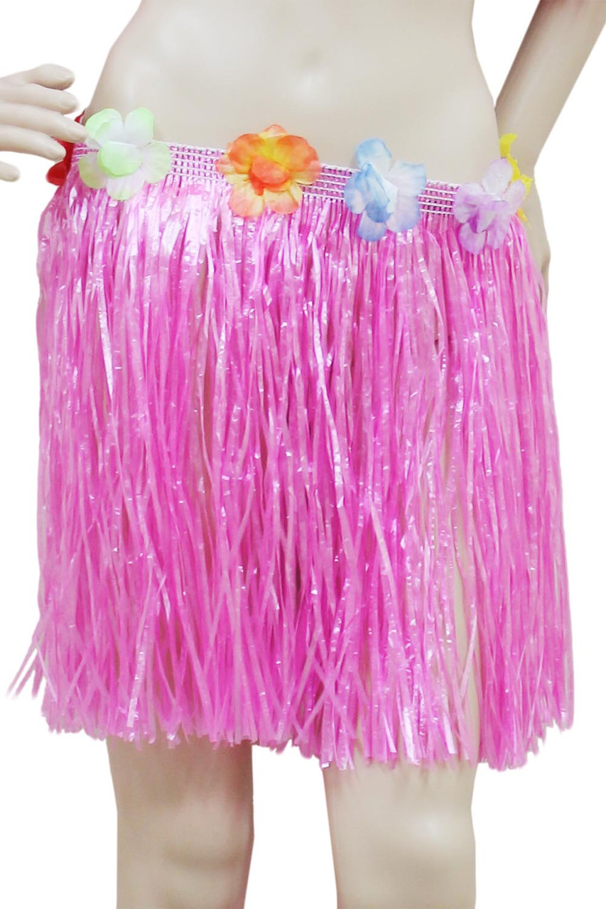 Women's Pink Hula Skirt with Flowers (40cm) | Feather Skin