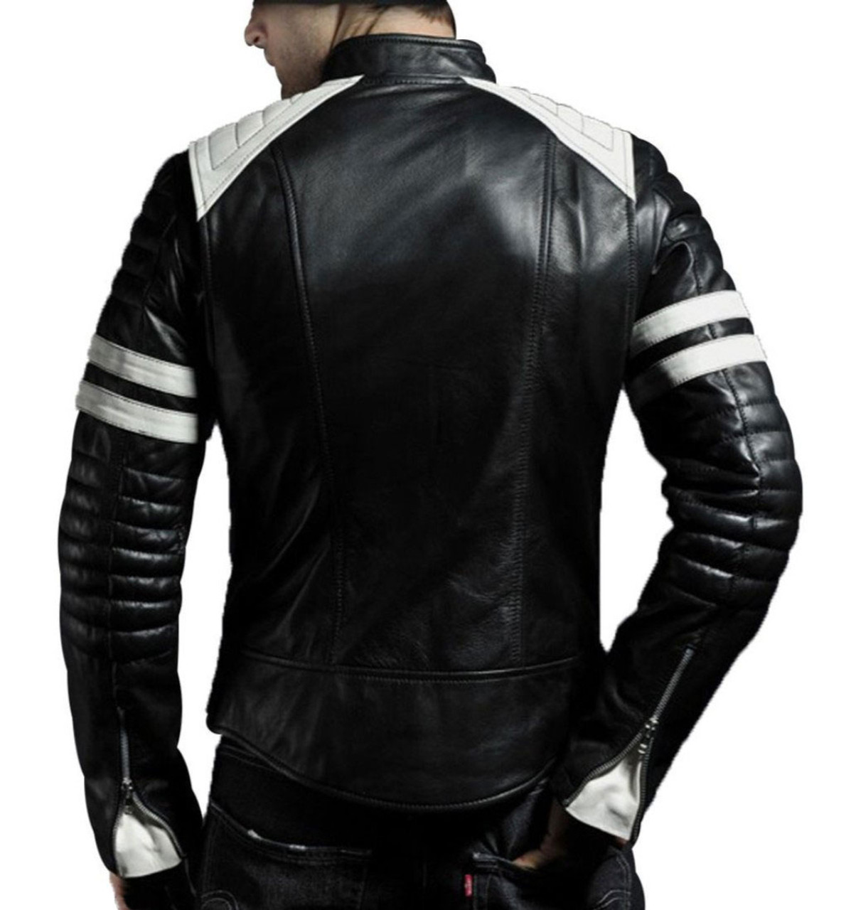 Mens Biker Leather Jacket White Stripes On Sleeves Feather Skin