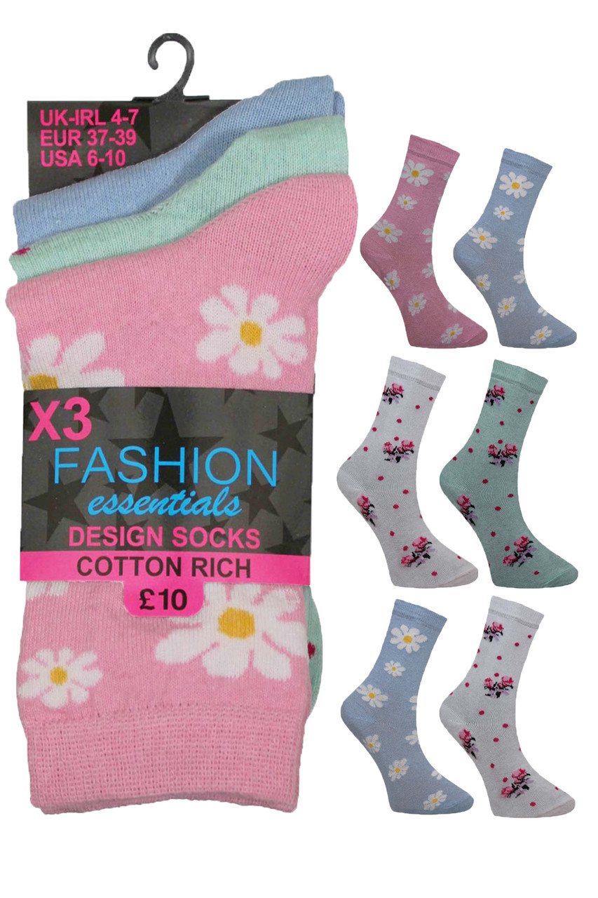 12 Pairs Cotton Mix Ankle Socks Pastel Colour Flower Design | Feather Skin