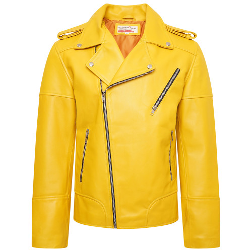 Men's Biker Style Yellow Leather Jacket | Feather Skin