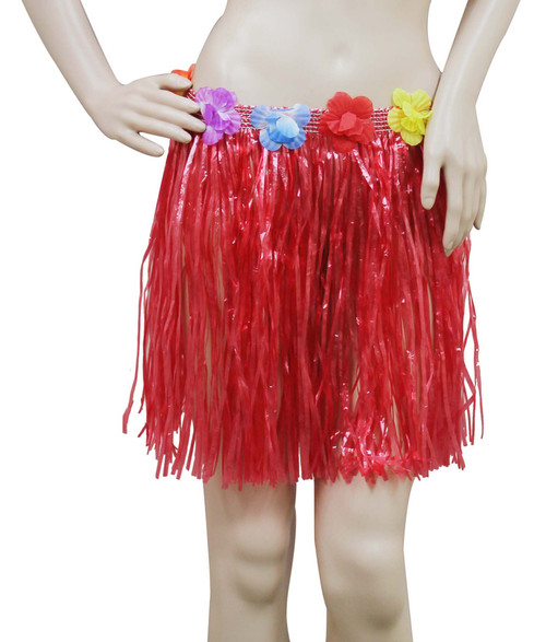Women's Red Hula Skirt with Flowers (40cm) | Feather Skin