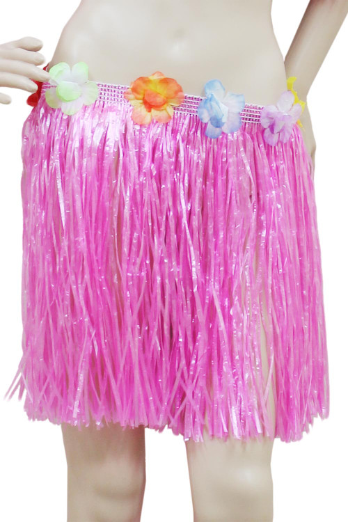 Crazy Chick Adult Pink Hula Skirt with Flowers (40cm) | Feather Skin