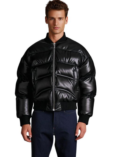 Black Puffer Bomber Leather Jacket for Men | Feather Skin