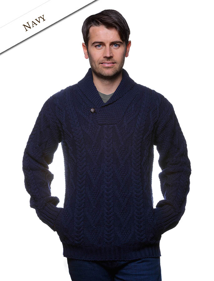One Button Sweater, Irish Shawl Neck Sweater | Clan Arans