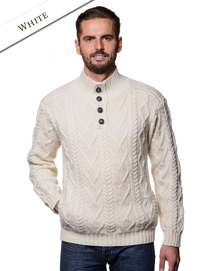 Mens cable knit sweater, Buttoned wool sweater | Clan Arans