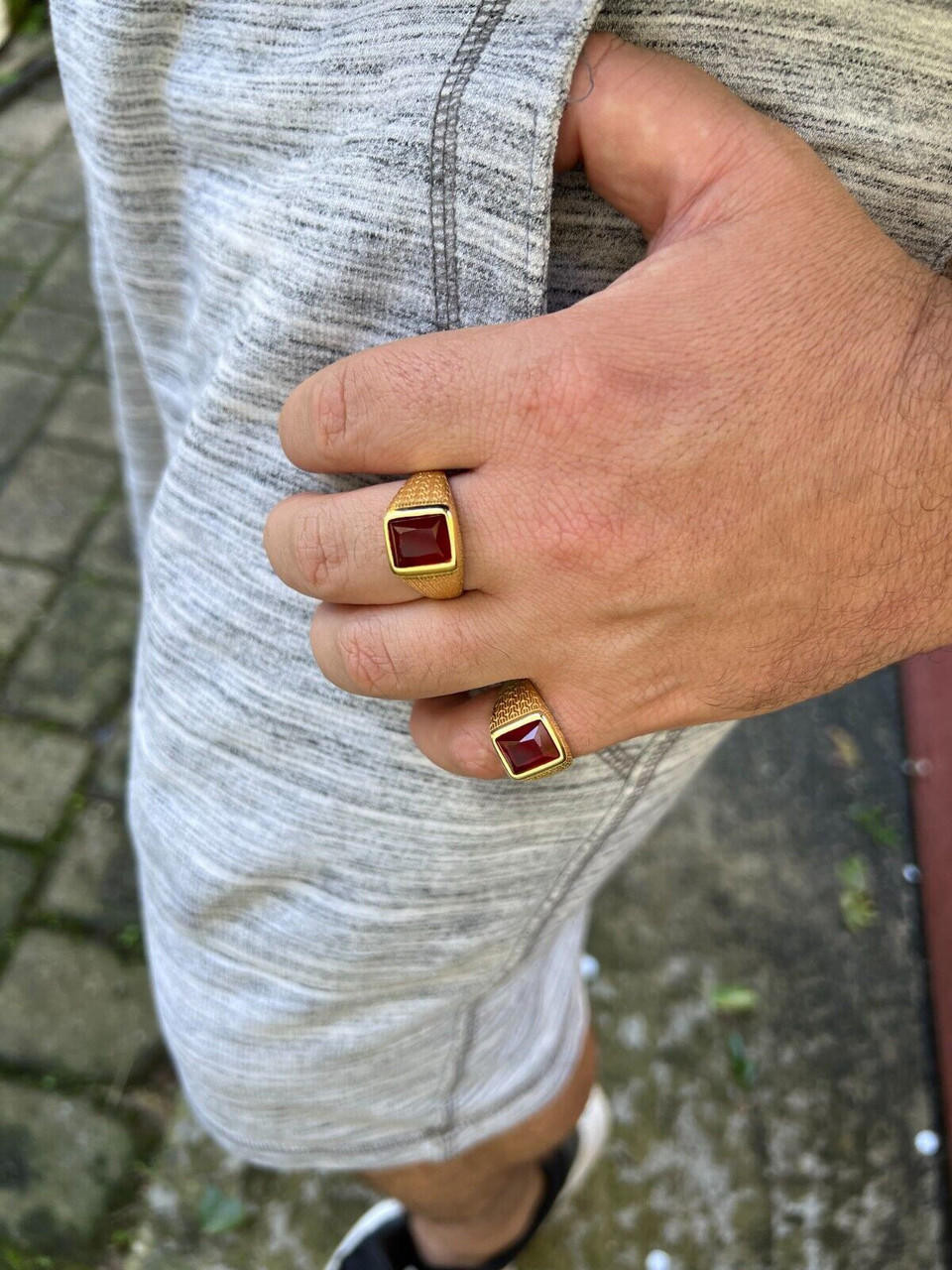 Mens Plain Real 14k Gold Plated 925 Silver Simulated Ruby Red Gem Stone ...