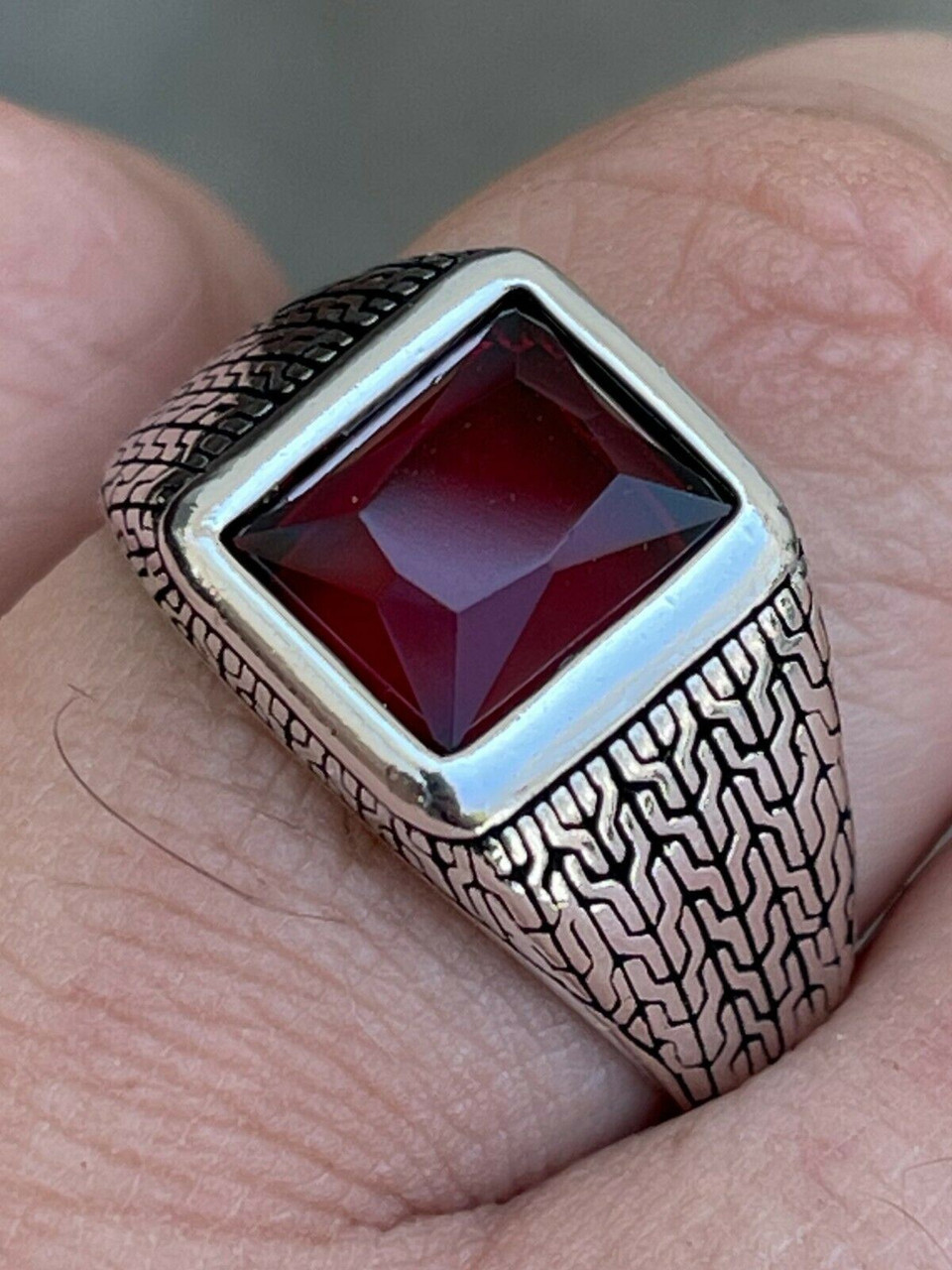 Mens Plain Real 925 Sterling Silver Ruby Red Stone Ring Size 7 8 9 10 11 12 13 7