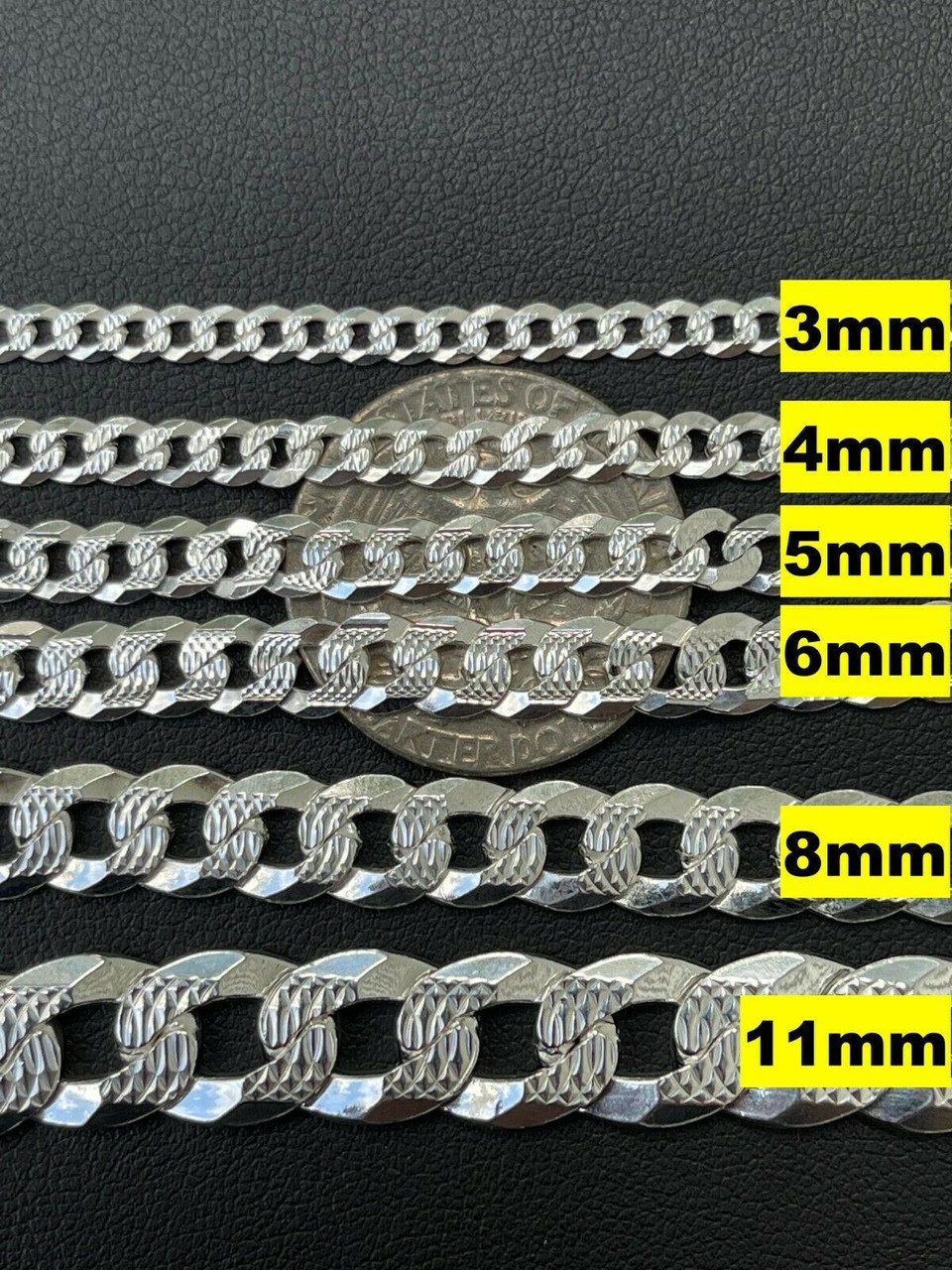 Solid 925 Silver Diamond Cut Flat Miami Curb Cuban Link Chain Necklace 3 11mm 3mm 16