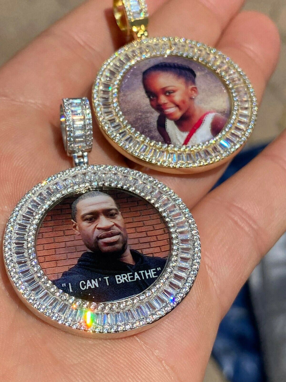 Solid 925 Silver Custom HipHop Photo Pendant Iced Memory Medallion Gold Baguette