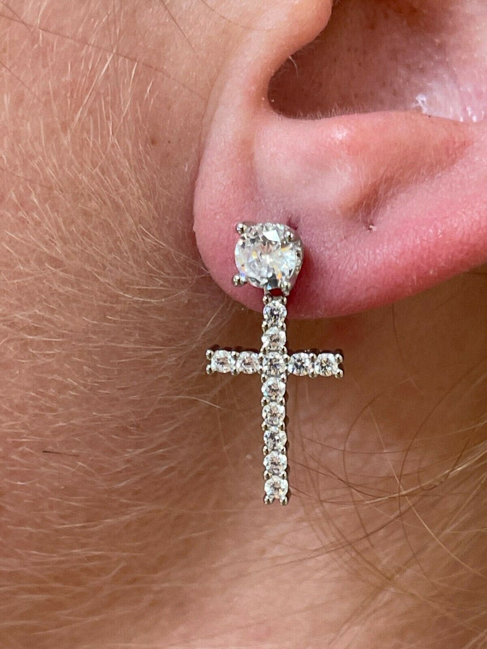 HarlemBling Moissanite Dangling Cross Out Earrings W. Solitaire Stud 925 Silver
