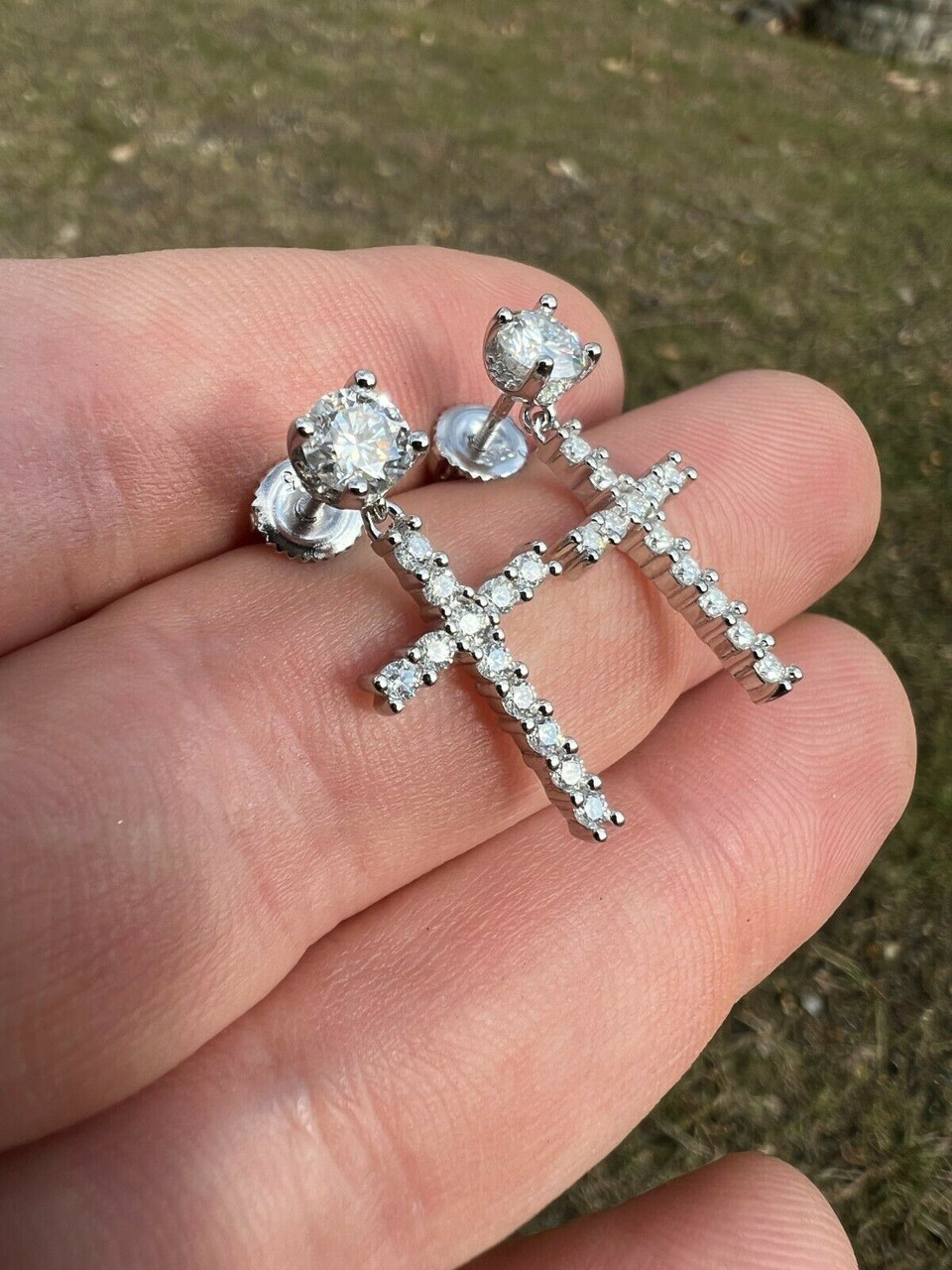 HarlemBling Moissanite Dangling Cross Out Earrings W. Solitaire Stud 925 Silver