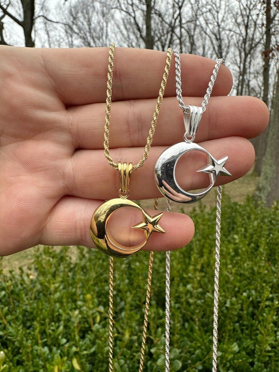 Mens Real 925 Silver 14k Gold Crescent Moon Star Islam Muslim Arabic Pendant