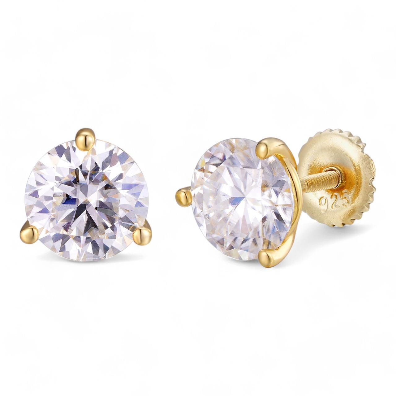 HarlemBling Moissanite Martini 3 Prong Solitaire Stud Earrings 14K Gold Vermeil 925 Silver 3mm 10mm 0.2 8ct 3mm 0.2ct