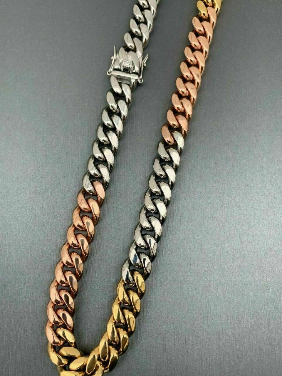 12mm Men's Miami Cuban Link Chain 3 Tri Color Real Gold Over Stainless ...