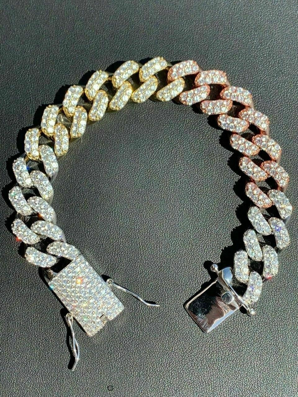 Tri Color Miami Cuban Prong Chain Yellow Rose Gold & Real Solid 925 ...