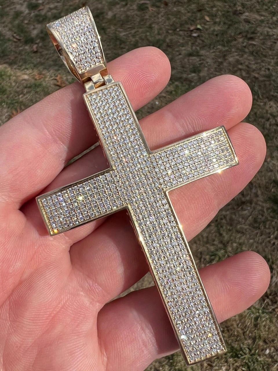 Iced 7ct VVS Real Diamond Huge 4" Solid 925 Silver Gold Cross Pendant ...